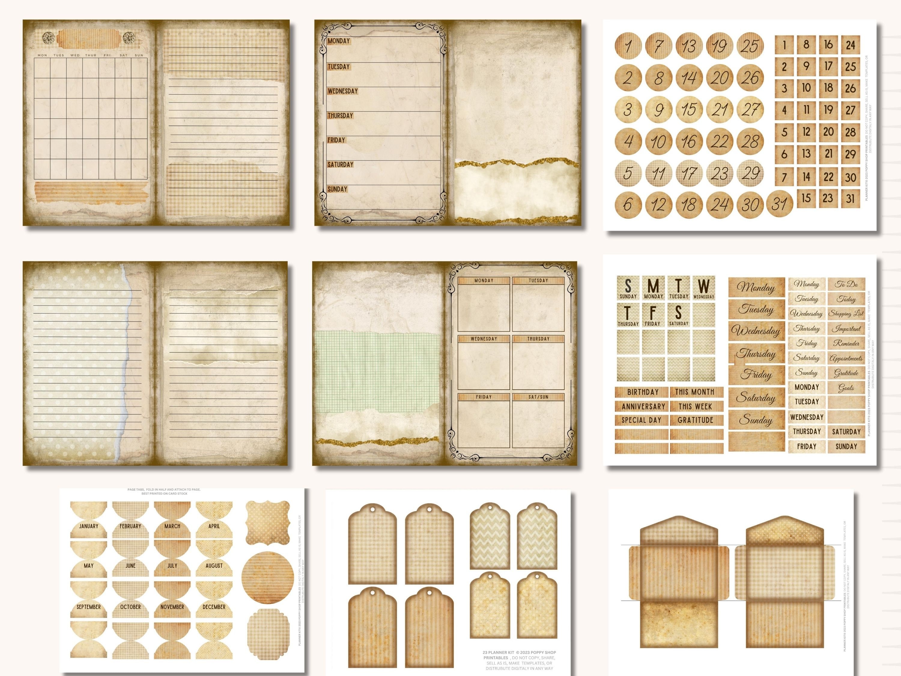 Planner Junk Journal Kit, Vintage, Neutral, Shabby, Printable, Monthly ...
