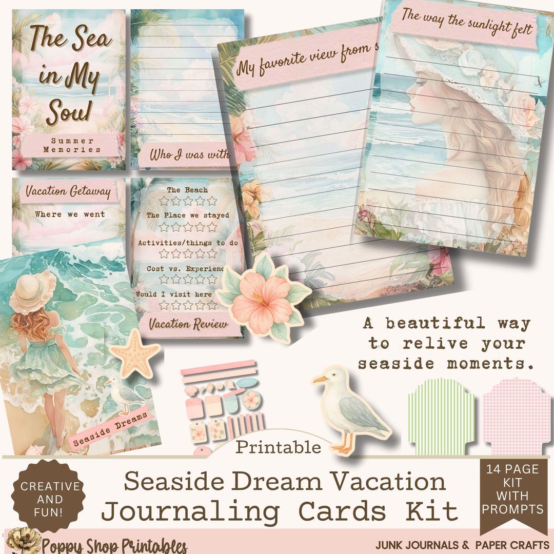 Beach Journaling Card Kit, Vacation Journaling Prompts, Cards for Junk ...