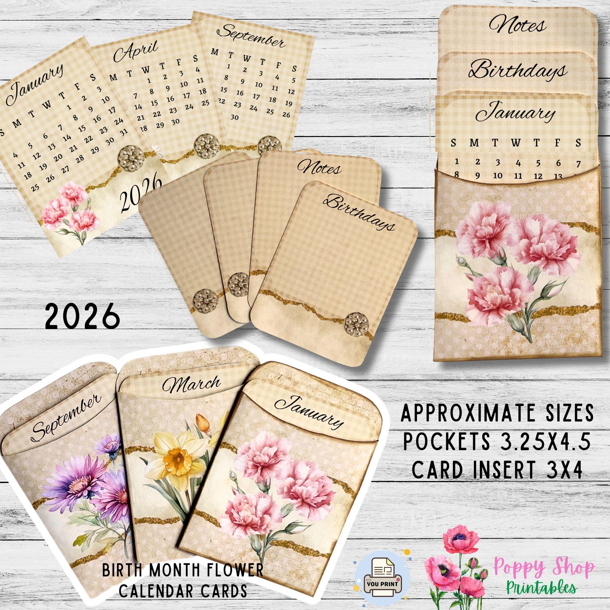 2026 Calendar Pocket and Cards, Birth Month Flower, Mini, Monthly ...