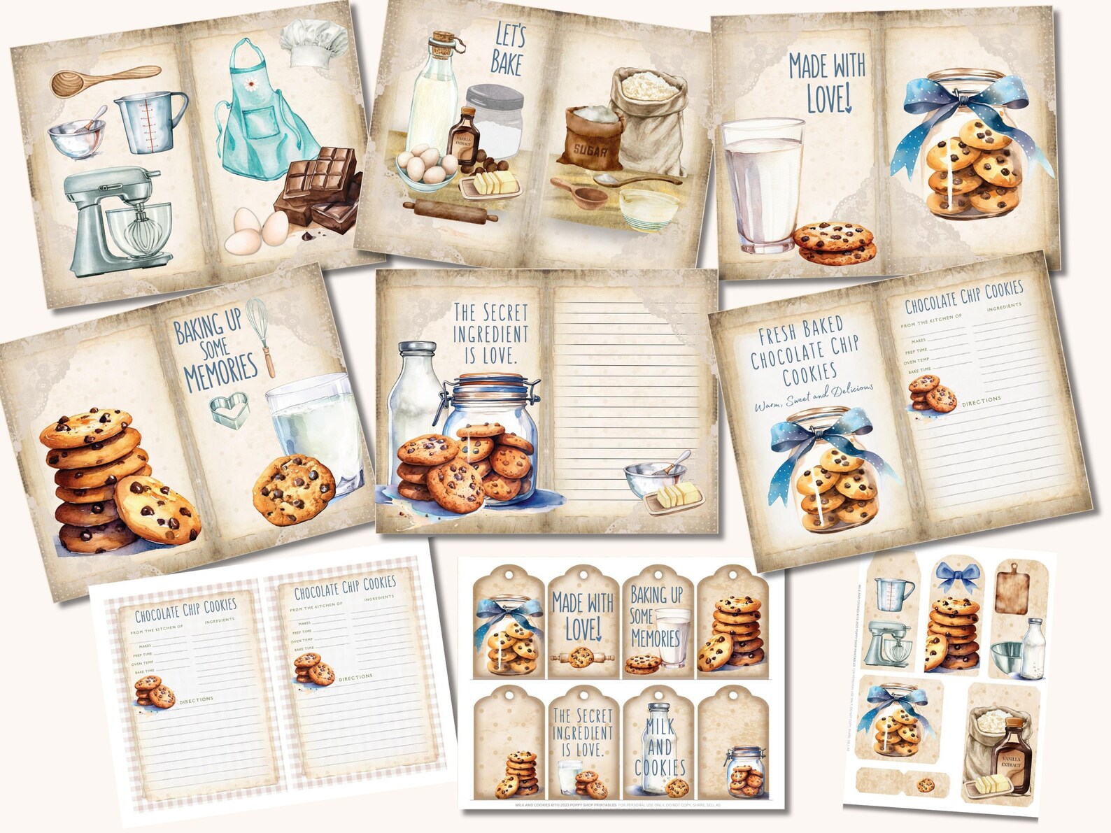 Milk and Cookies, Junk Journal Kit, Recipe, Baking, Chocolate Chip ...