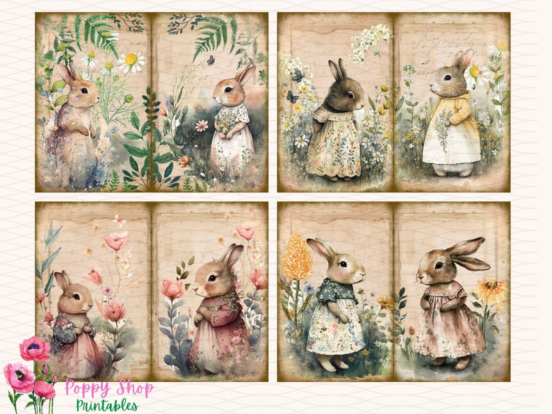 Vintage Bunny Junk Journal Pages and Ephemera Kit, Rabbit With Dress ...