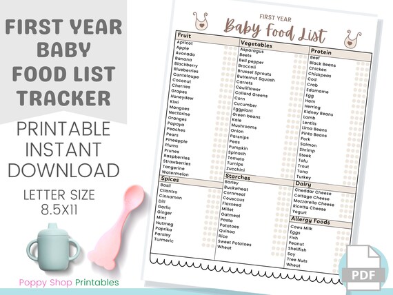 First Year Baby Food Tracker, Printable, INSTANT DOWNLOAD, Baby Food ...