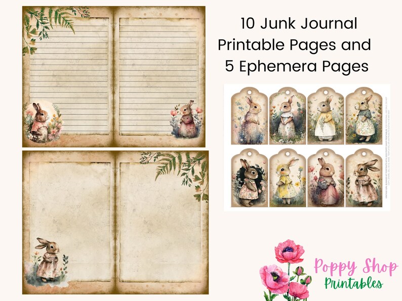 Vintage Bunny Junk Journal Pages and Ephemera Kit, Rabbit With Dress ...