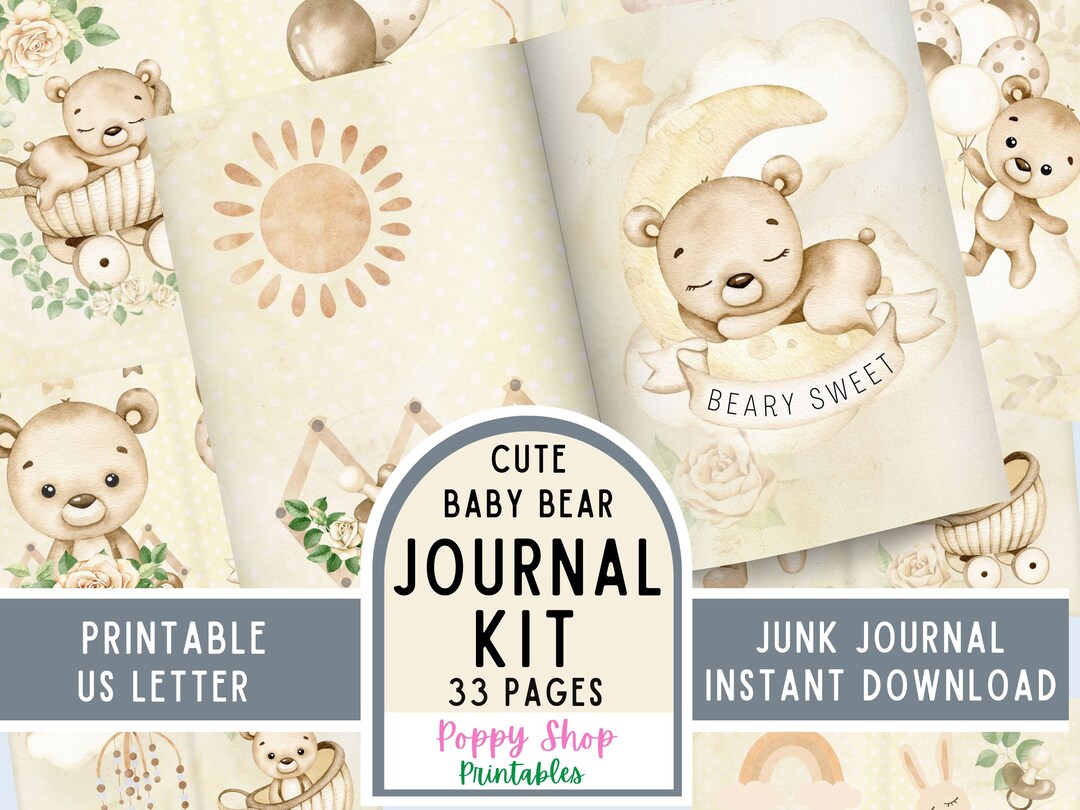 Teddy Bear Baby Junk Journal Kit, Neutral Baby Journal Pages Printable ...
