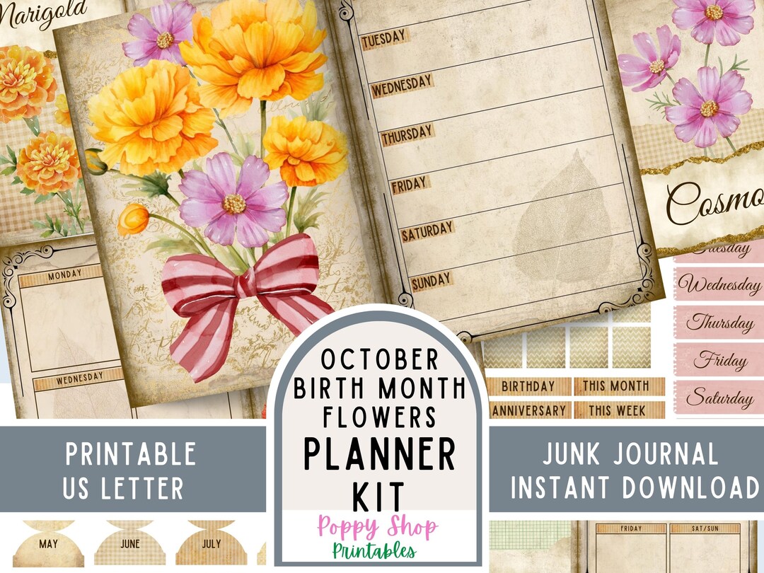 Planner Junk Journal Kit, October, Flowers, Vintage, Marigold, Cosmos ...