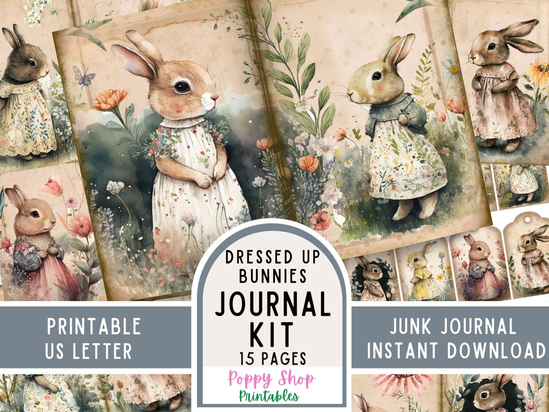 Bunny Junk Journal Kit, Vintage Bunny, Rabbit, Bunny in Dress, Journal ...
