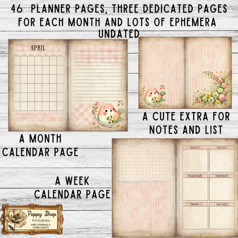Shabby Birds Printable Planner Kit, Monthly Printable Planner, Month ...