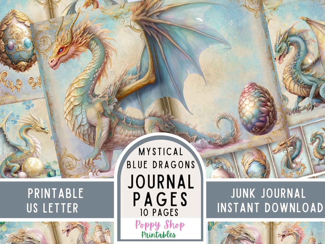Dragon Journal Pages, Mystical Dragon, Junk Journal Kit, Blue, Fantasy ...