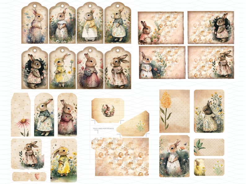 Vintage Bunny Junk Journal Pages and Ephemera Kit, Rabbit With Dress ...