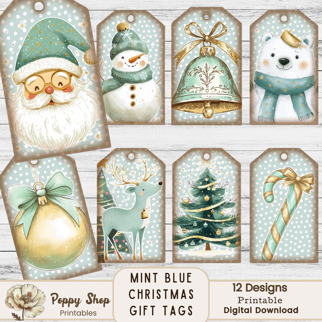 Mint Blue Christmas Gift Tags, Mint and Gold, Kids Christmas Gift Tags ...