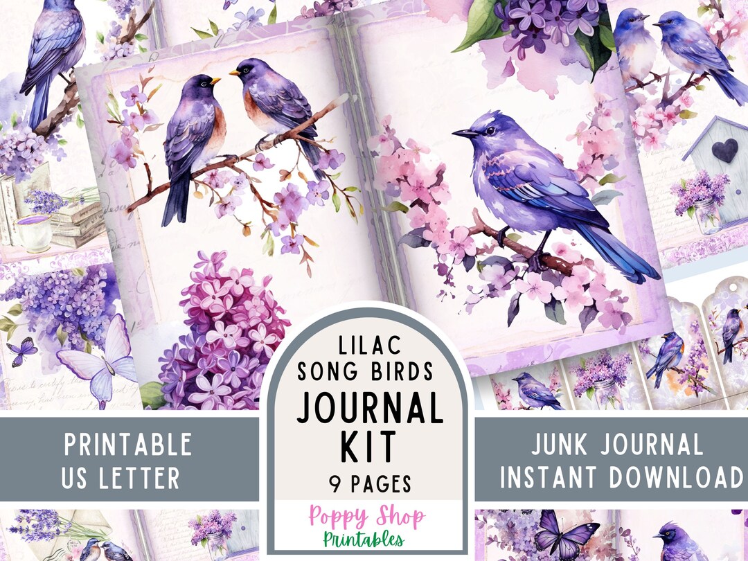 Lilac Junk Journal Kit, Birds, Lavender, Purple, Flowers, Journal Pages ...