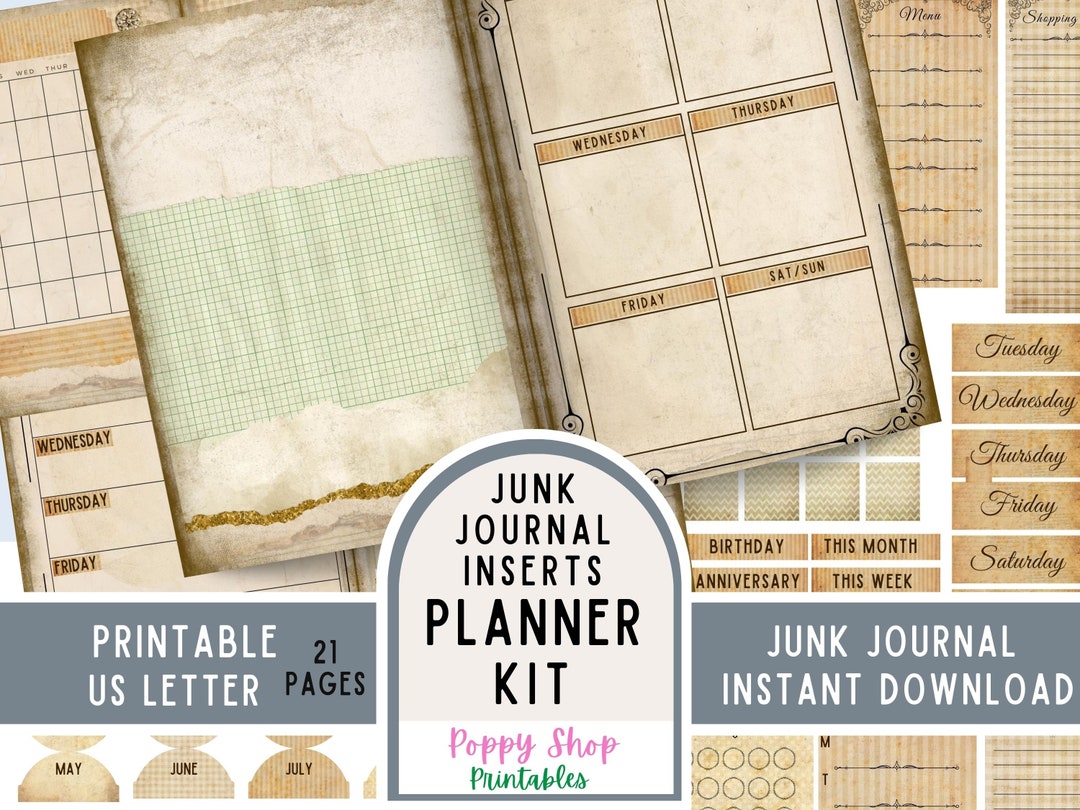 Planner Junk Journal Kit, Vintage, Neutral, Shabby, Printable, Monthly ...