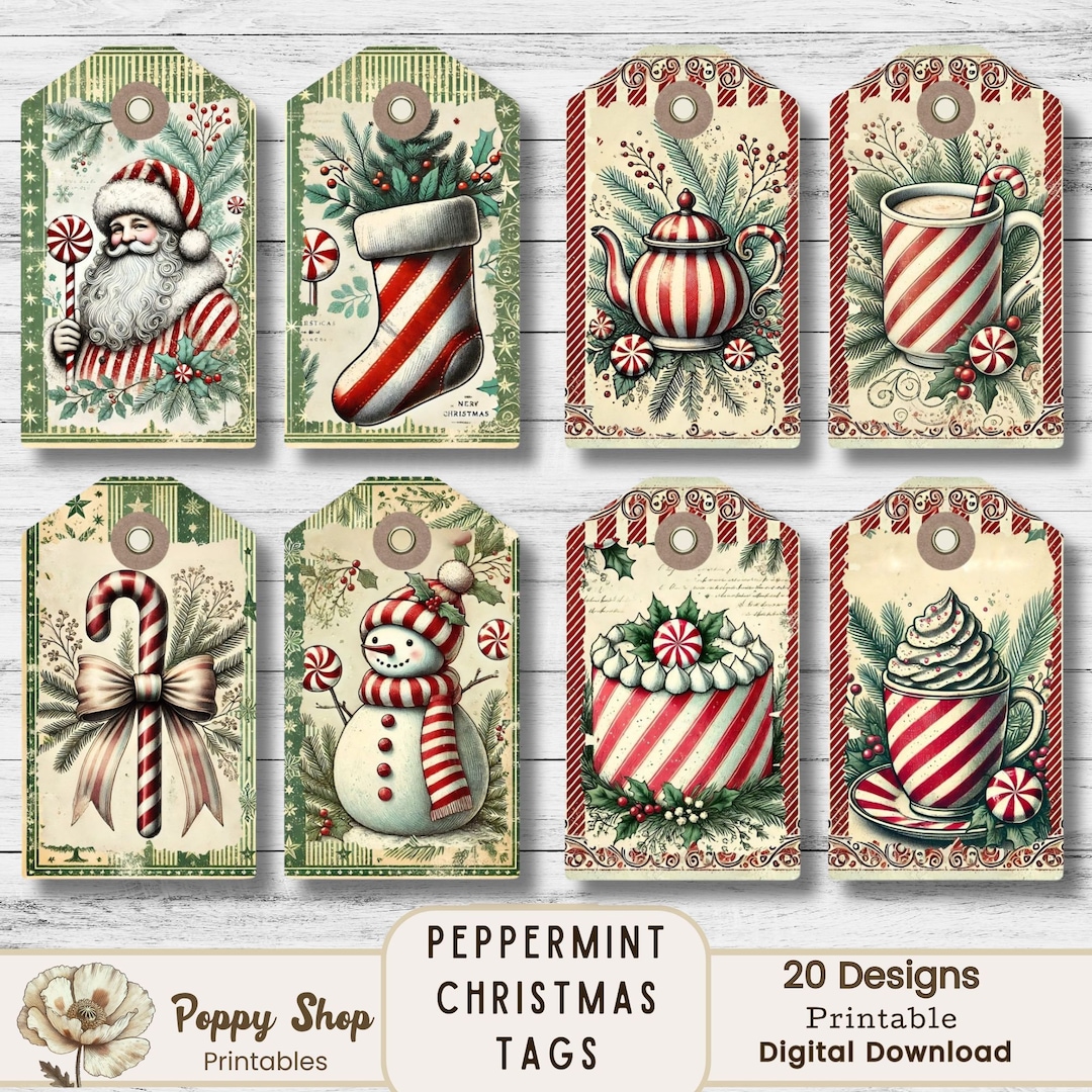 Christmas Gift Tags, Peppermint, Shabby Christmas Tags, DIY Tags ...