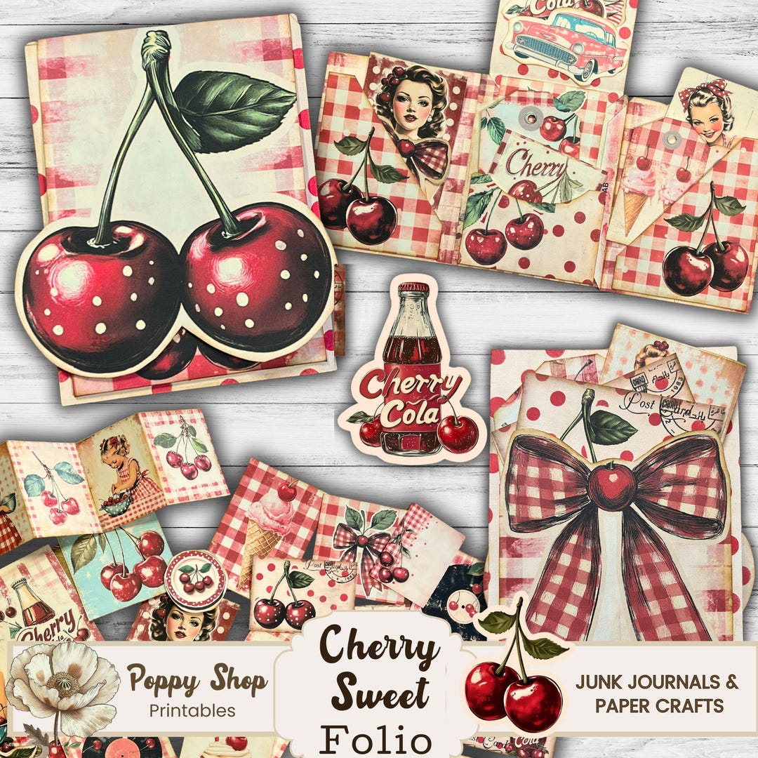 Cherry Folio, Printable Folio Kit, Cherries Junk Journal Folio, Retro ...