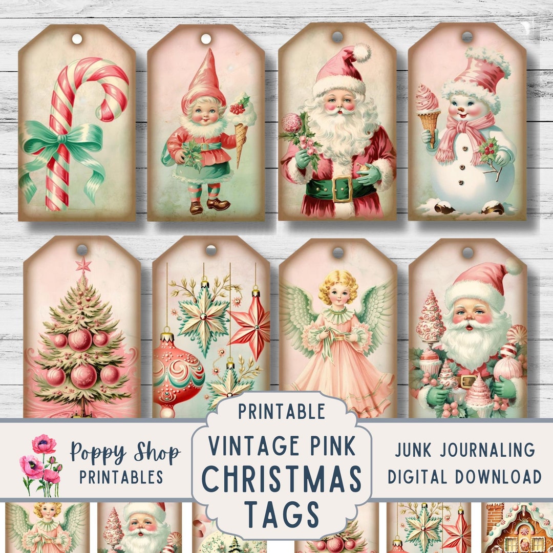 Pink Christmas Gift Tags, Vintage Pink, Santa, Snowman, Retro, DIY ...