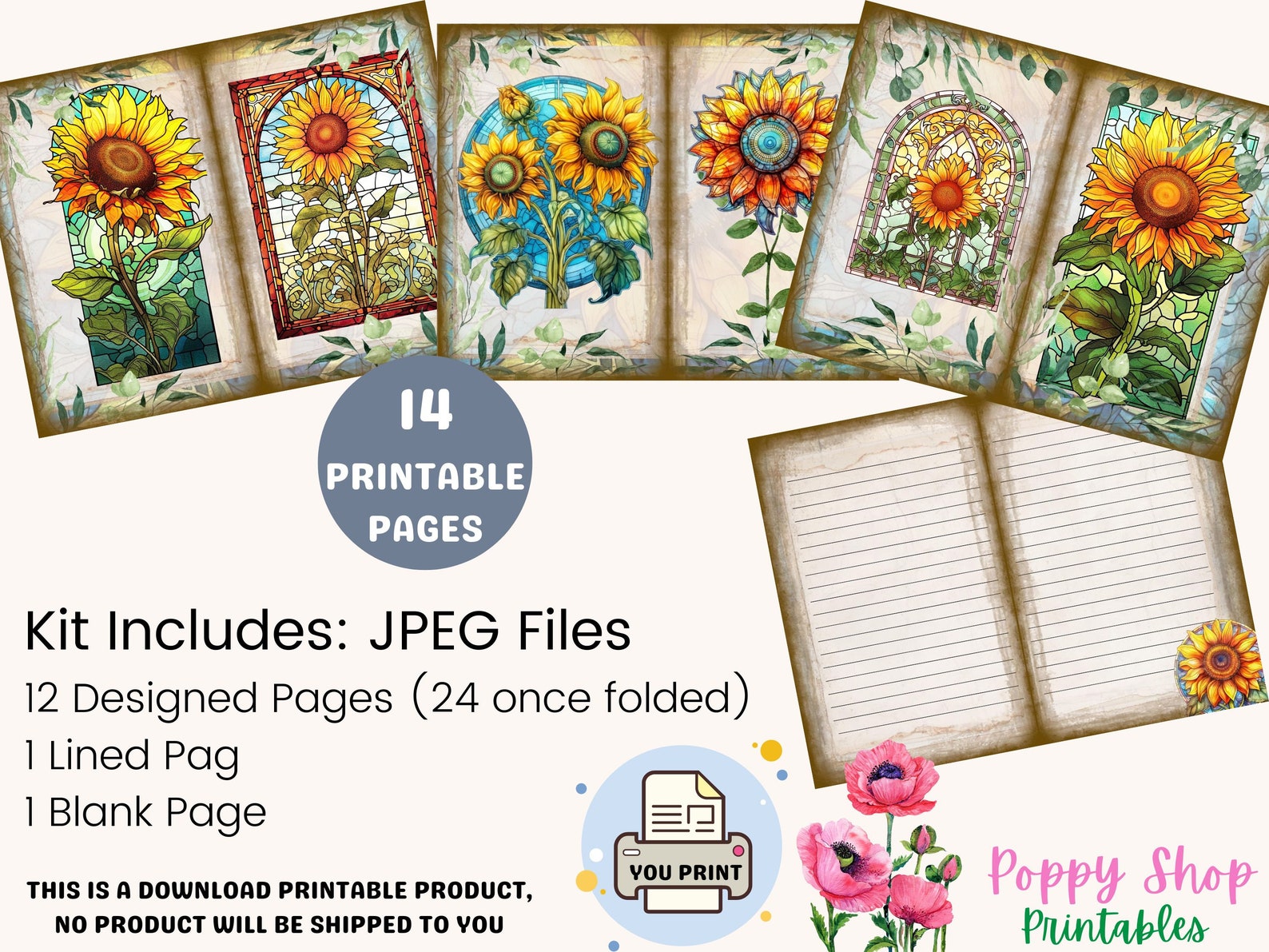 Stained Glass Sunflower Journal Pages, Junk Journal, Printable Pages ...