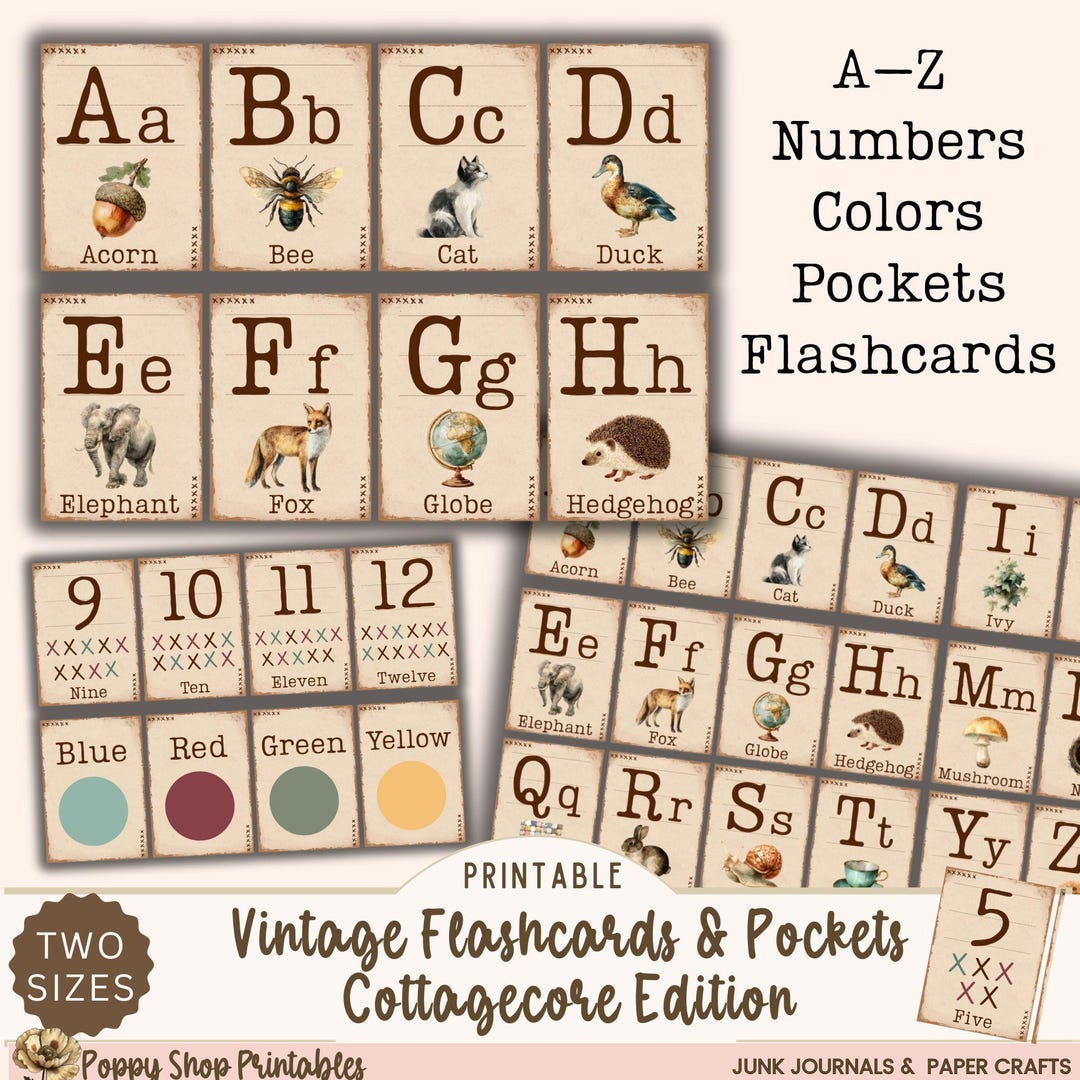 Alphabet Flashcards A–Z, Printable Vintage ABC Cards, Numbers Colors ...