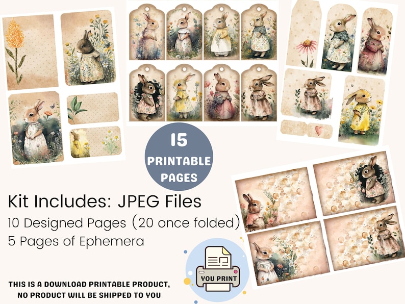 Vintage Bunny Junk Journal Pages and Ephemera Kit, Rabbit With Dress ...