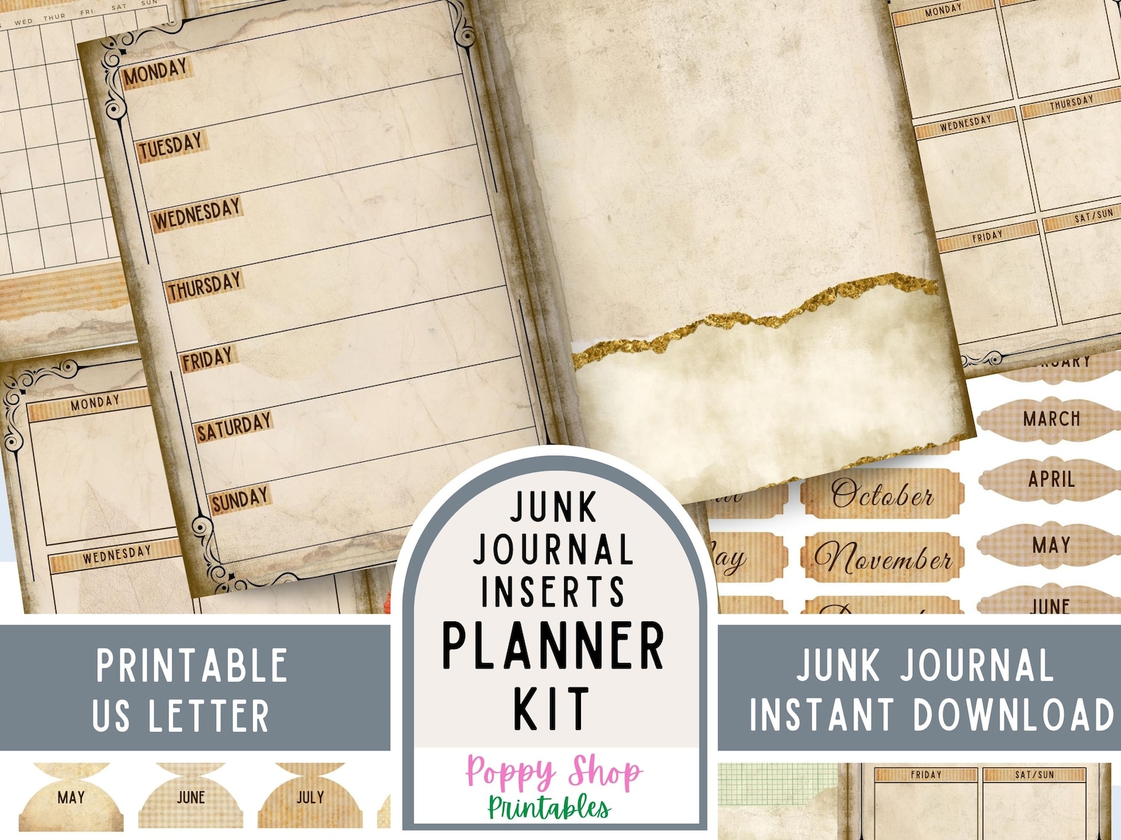 Planner Junk Journal Kit, Vintage, Neutral, Shabby, Printable, Monthly ...