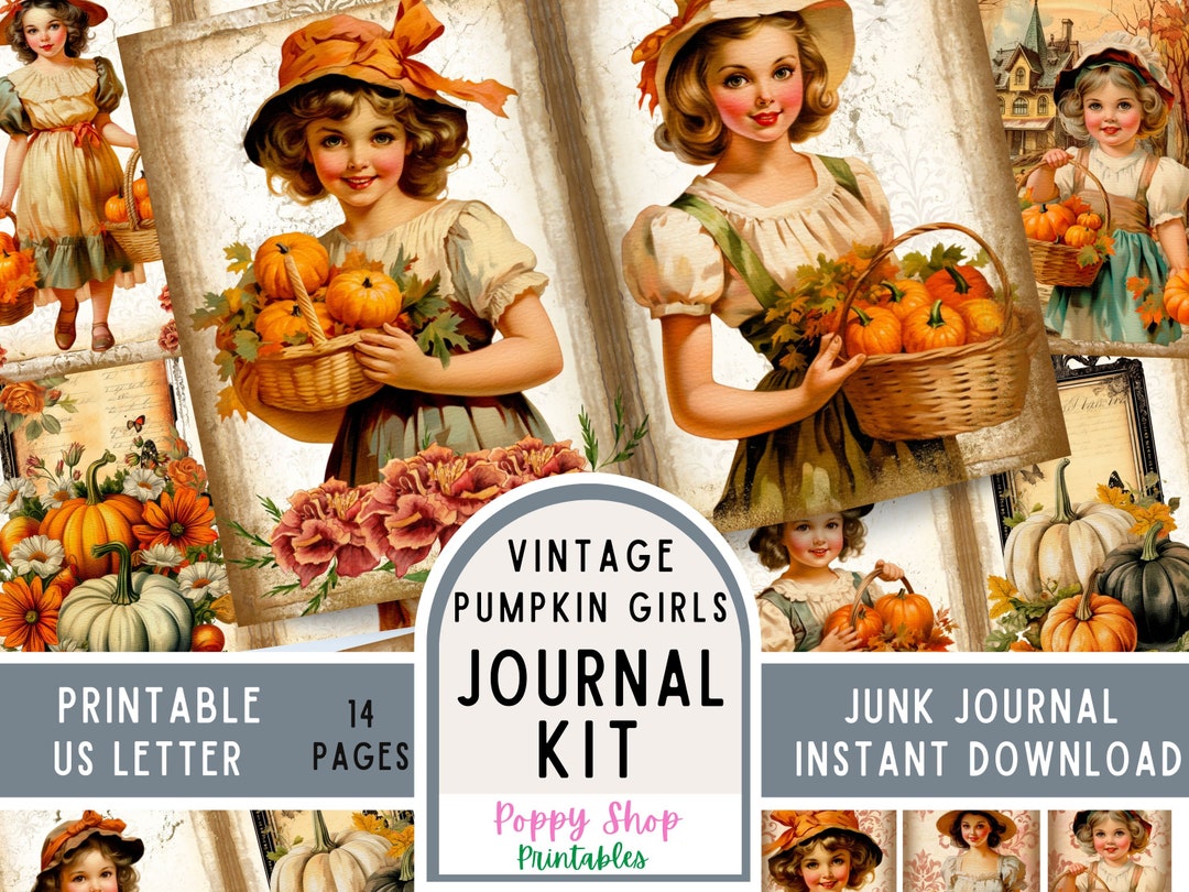 Vintage Fall Girls, Junk Journal Kit, Pumpkins, Autumn, Journal Pages ...