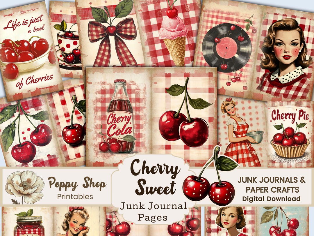 Cherry Junk Journal, Vintage Cherries, Retro, Cherry Journal Pages ...