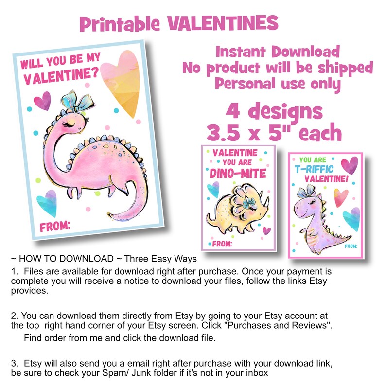 Dinosaur Valentines Day Cards Printable Classroom Valentines - Etsy