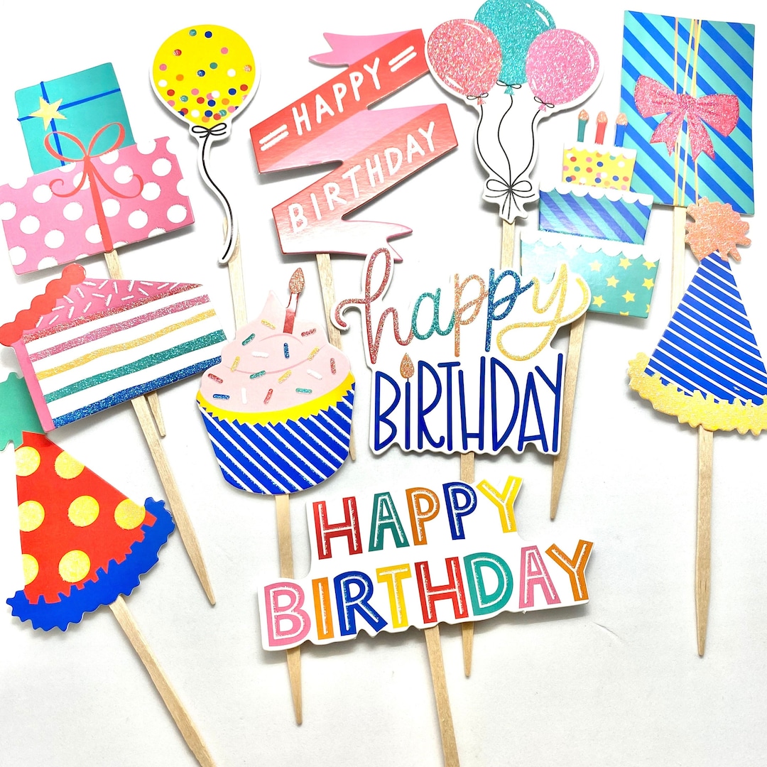 Birthday Cake Toppers, Happy Birthday Cupcake Toppers, Primary Colors ...