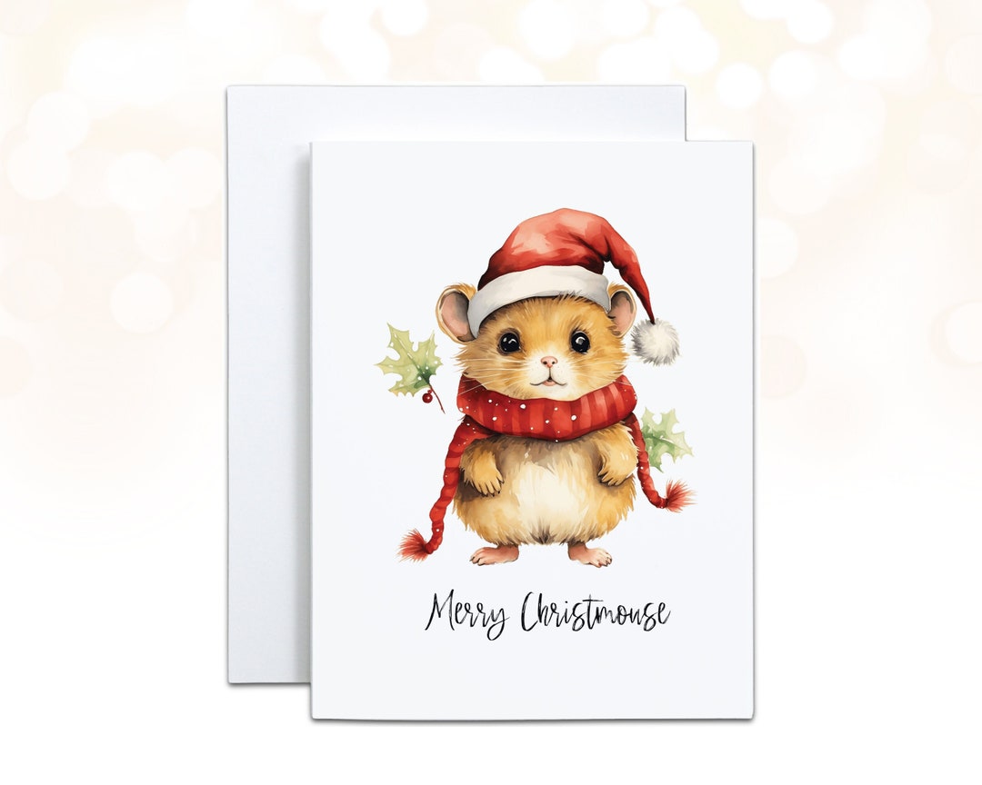 Christmas Mouse Card, Merry Christmouse, Santa Hat and Scarf Mouse Art ...