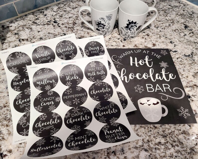 PRINTED Hot Chocolate Bar Kit DIY 36 Labels 2.5 Inch + 8x10 Paper Sign ...