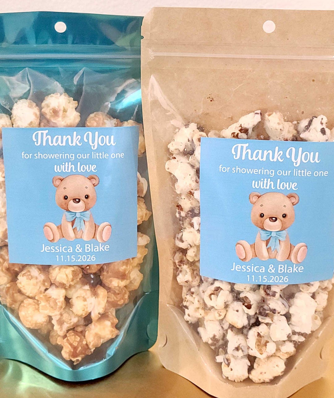 Personalized Popcorn Baby Shower Boy Favors Teddy Bear 3" Stickers and ...
