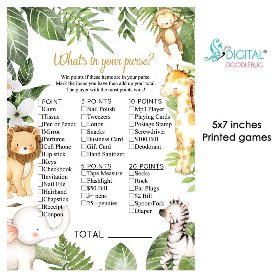 PRINTED Safari Baby Shower Game What's in Your Purse Jungle Game Party ...