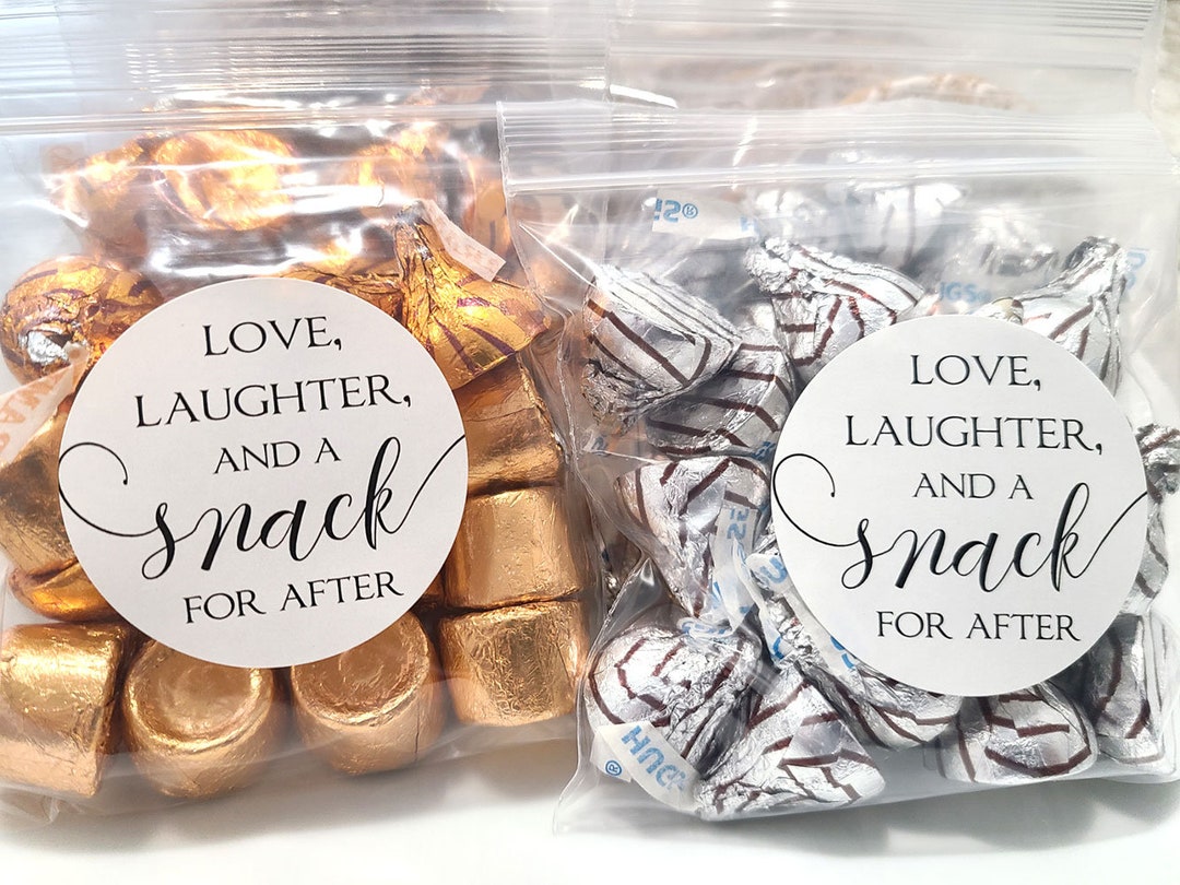 Wedding Favors Bags and Stickers Love Laughter and a Snack for After ...