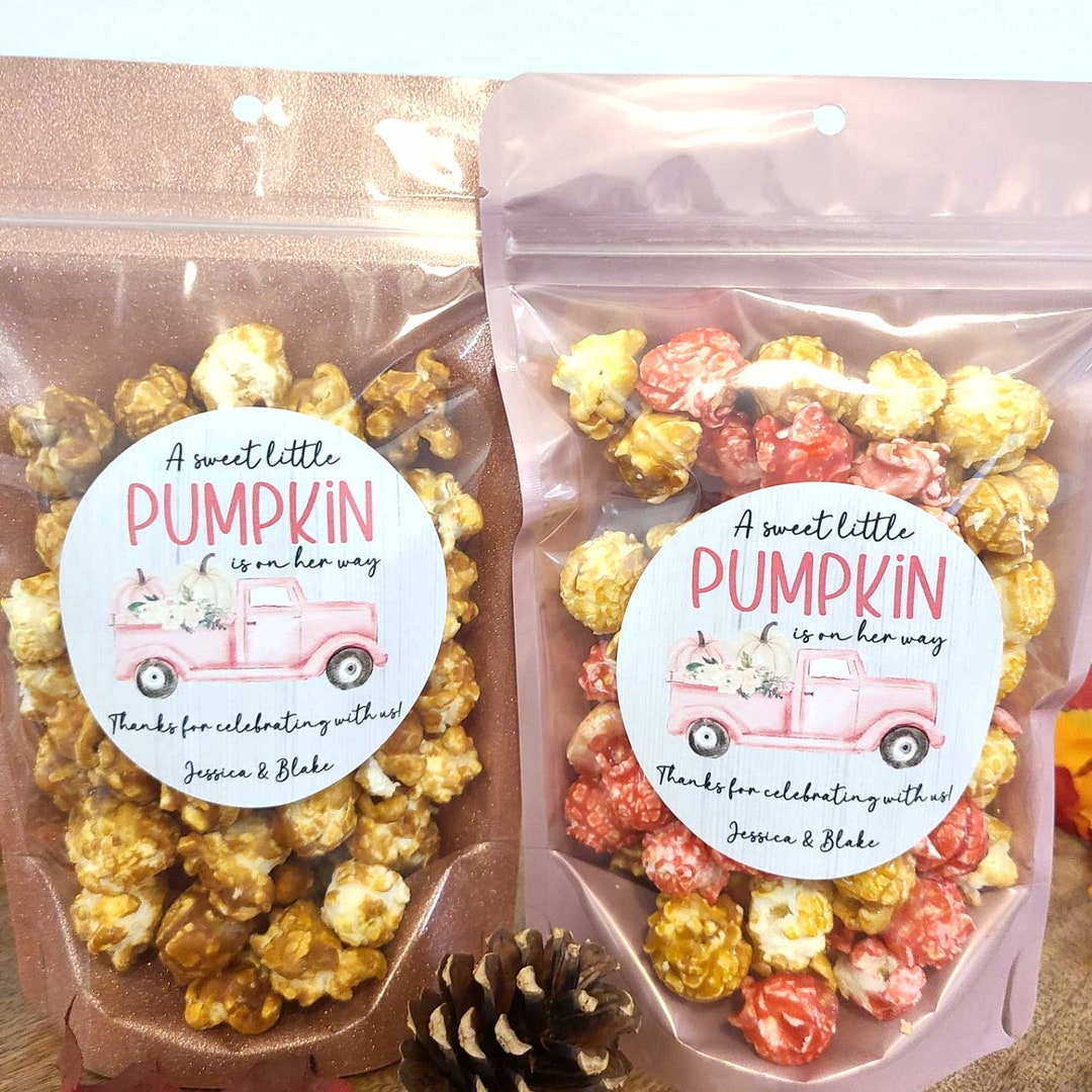 Personalized Autumn Pumpkin Popcorn Baby Shower Favors 3 Stickers and ...