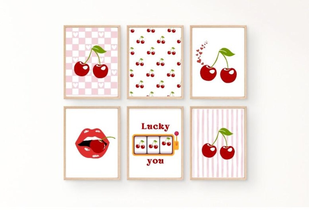 Cherry Wall Art Set of 7 | Printable Retro Fruit Decor | Pink & Red ...