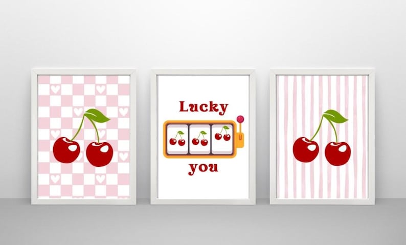 Cherry Wall Art Set of 7 | Printable Retro Fruit Decor | Pink & Red ...