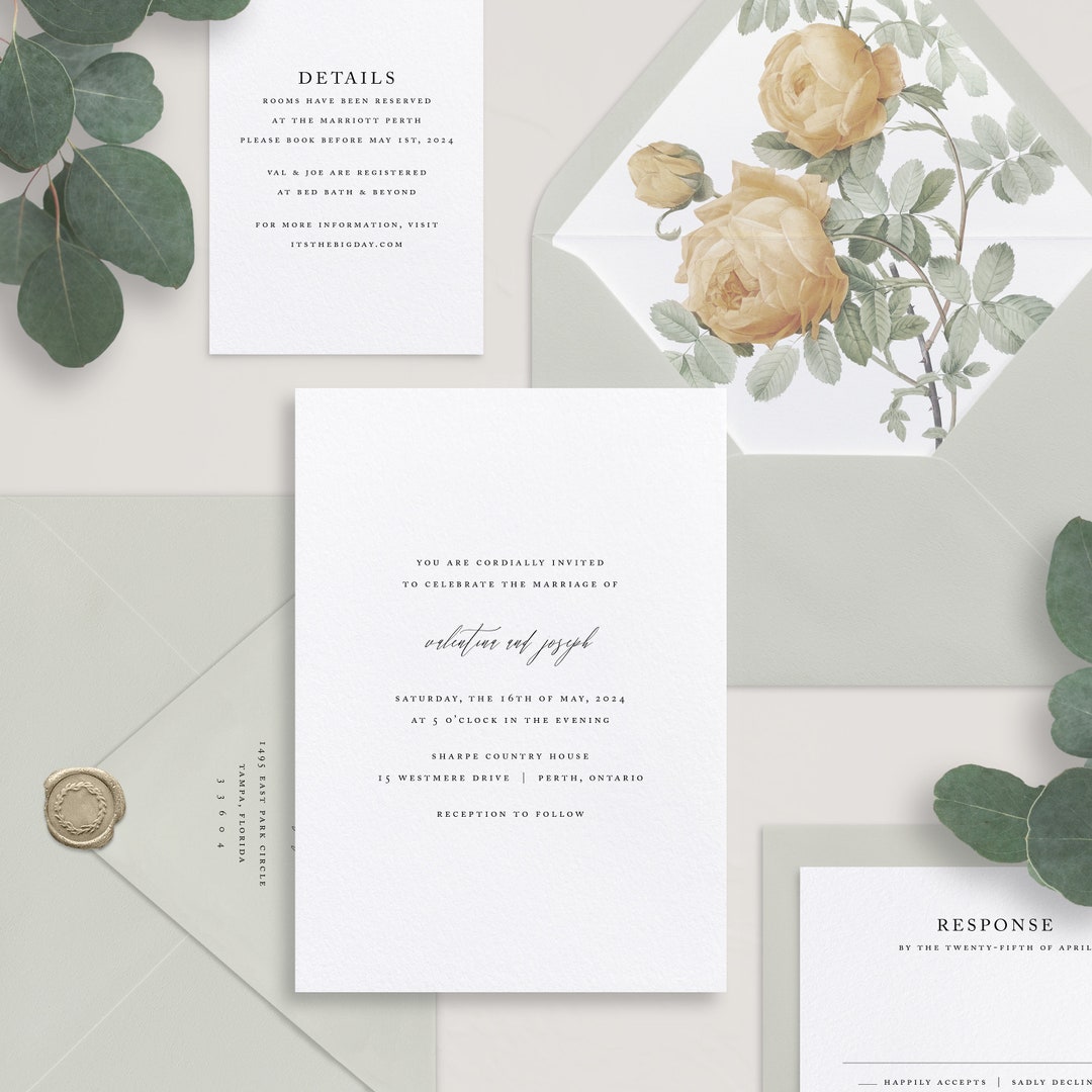 No. 20 Simone Modern Minimalist Calligraphy Tea Rose Wedding Invitation ...