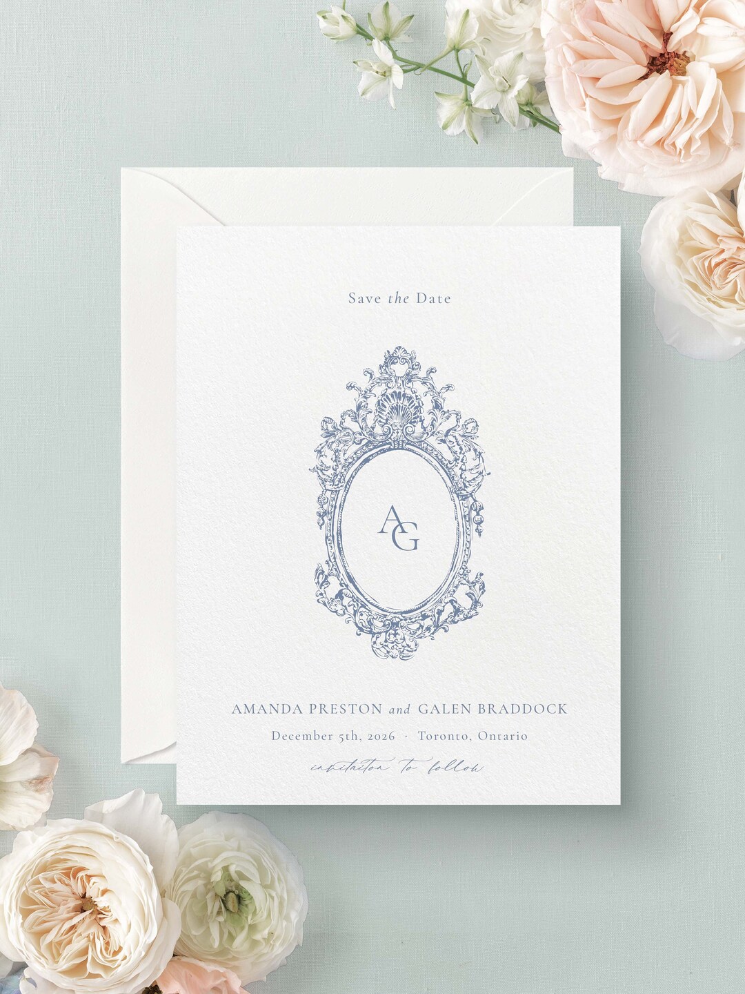 BEATRICE Vintage Monogram Crest Save the Date Card & Envelope, Modern ...
