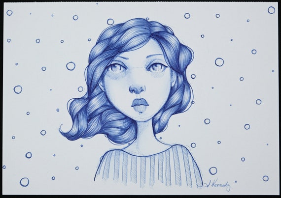 Original Ink Illustration Blue Portrait Girl With Polka Dot - Etsy