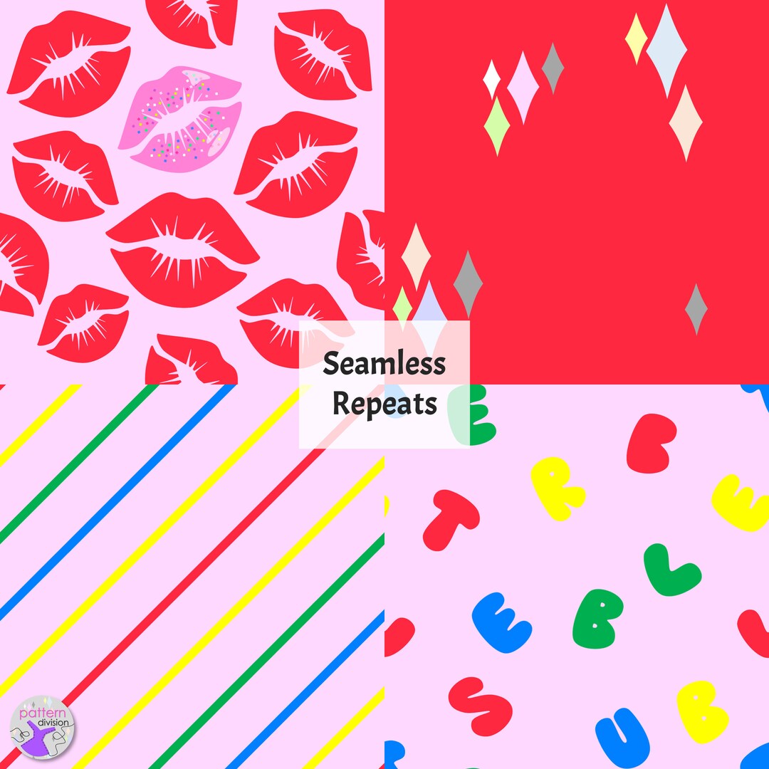 Lipstick Kisses and Bubble Letters PNG Seamless Repeats Instant ...