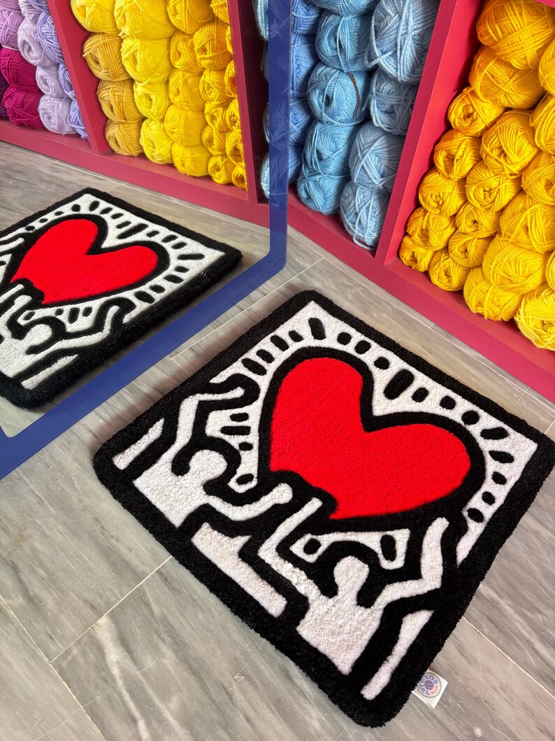 Tufting Keith Haring Holding Heart Rug, Handmade Vibrant Love Tufted ...