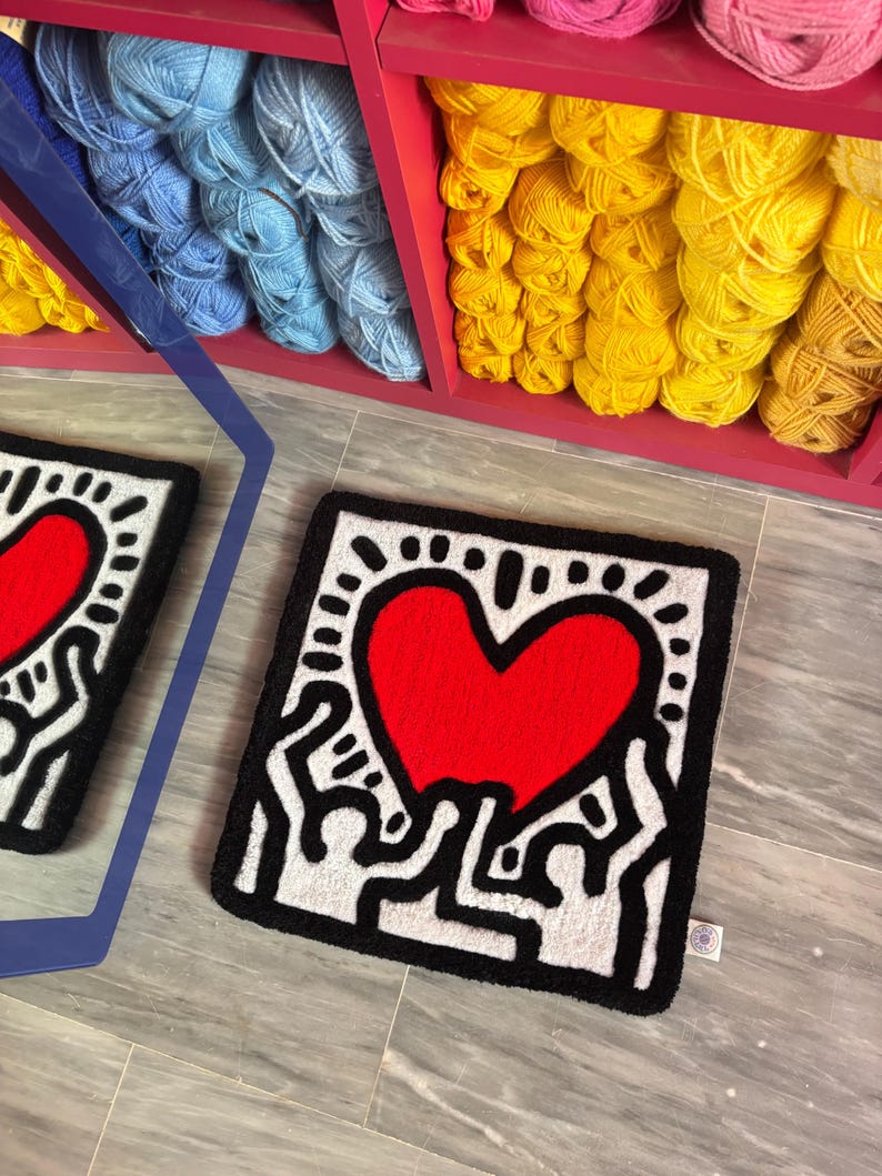 Tufting Keith Haring Holding Heart Rug, Handmade Vibrant Love Tufted ...