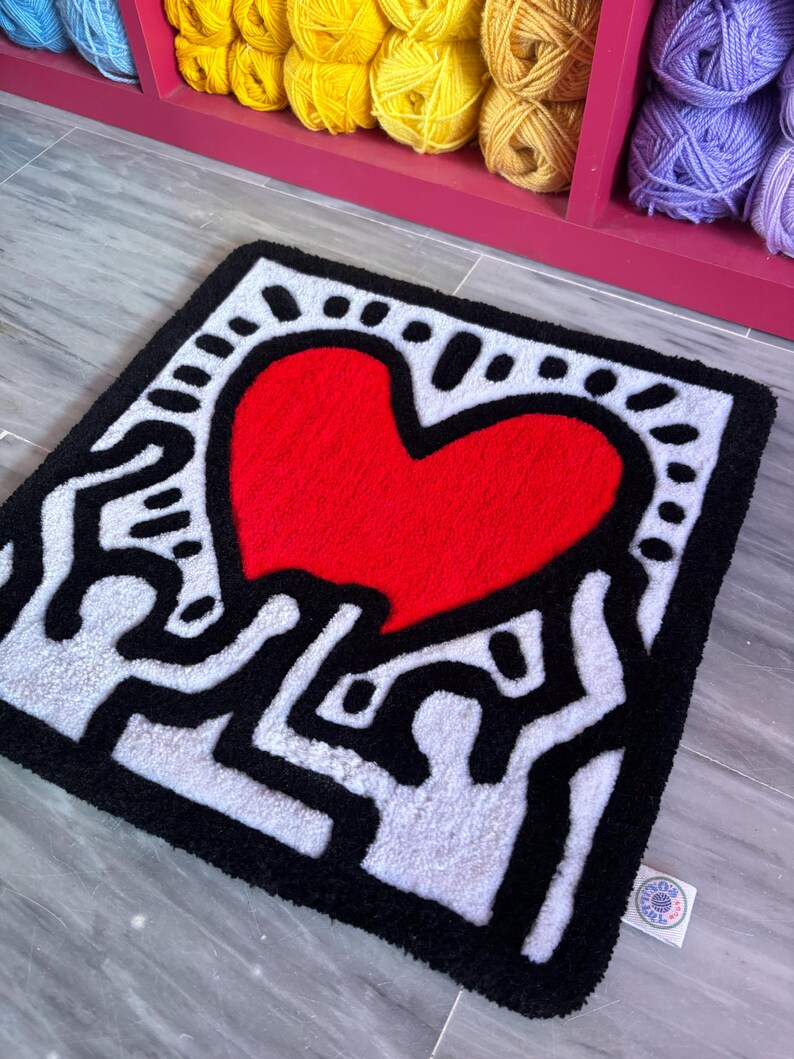 Tufting Keith Haring Holding Heart Rug, Handmade Vibrant Love Tufted ...