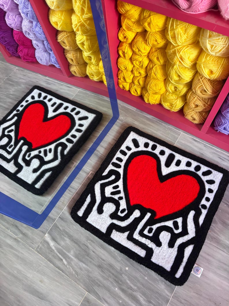 Tufting Keith Haring Holding Heart Rug, Handmade Vibrant Love Tufted ...