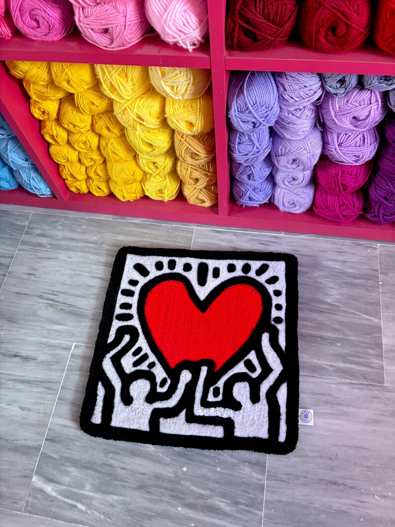 Tufting Keith Haring Holding Heart Rug, Handmade Vibrant Love Tufted ...