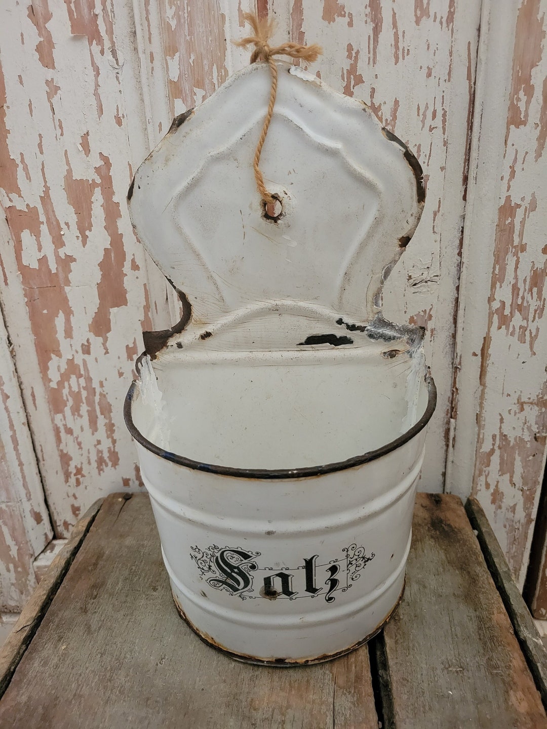 AMAZING Lovely Vintage German Shabby Enamel 'salt' Holder Kitchen ...