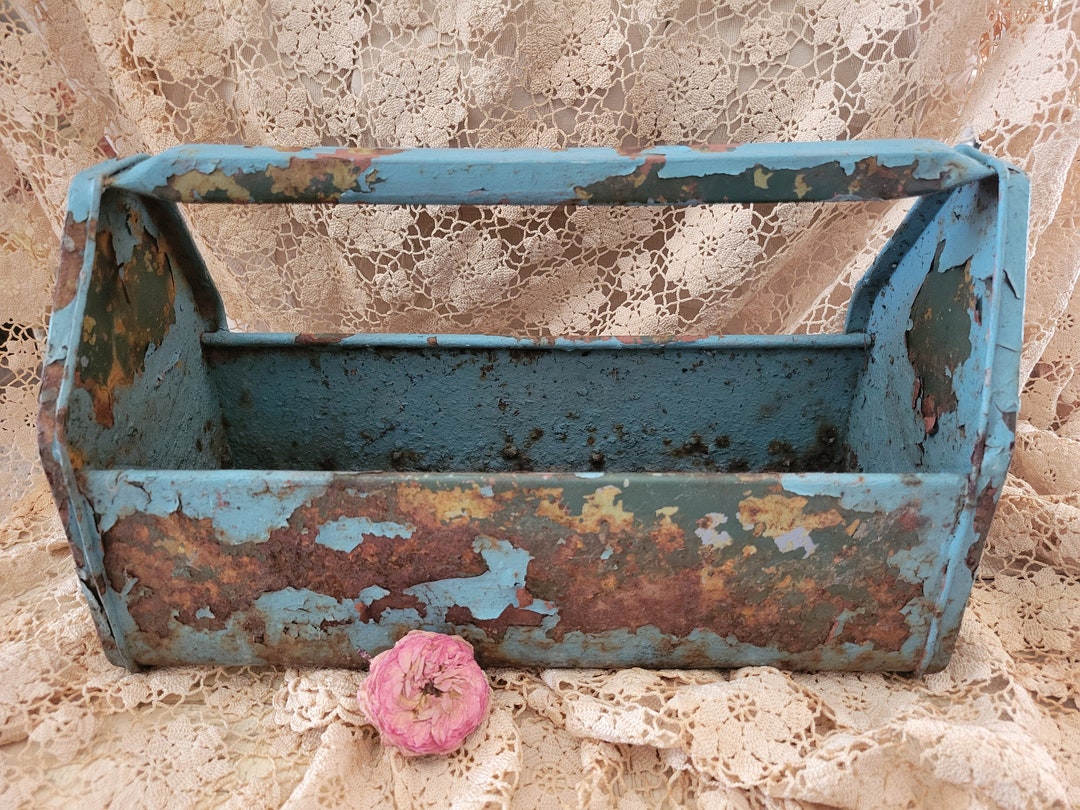 OMG Antique Shabby Blue Metal Industrial Carrying Tool Caddy Victorian ...