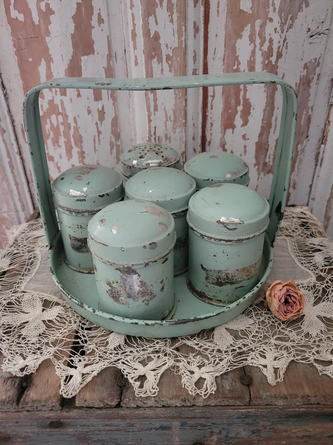 Vintage Primitive Mint Green Metal Spice Containers Shaker Kitchen ...