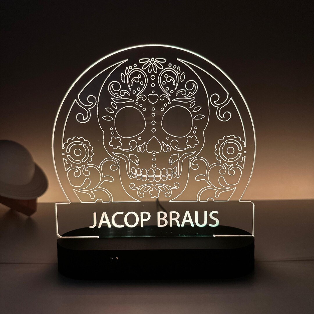 Personalized Sugar Skull Night Light, Custom Named Skull Desk Lamp, 3D ...