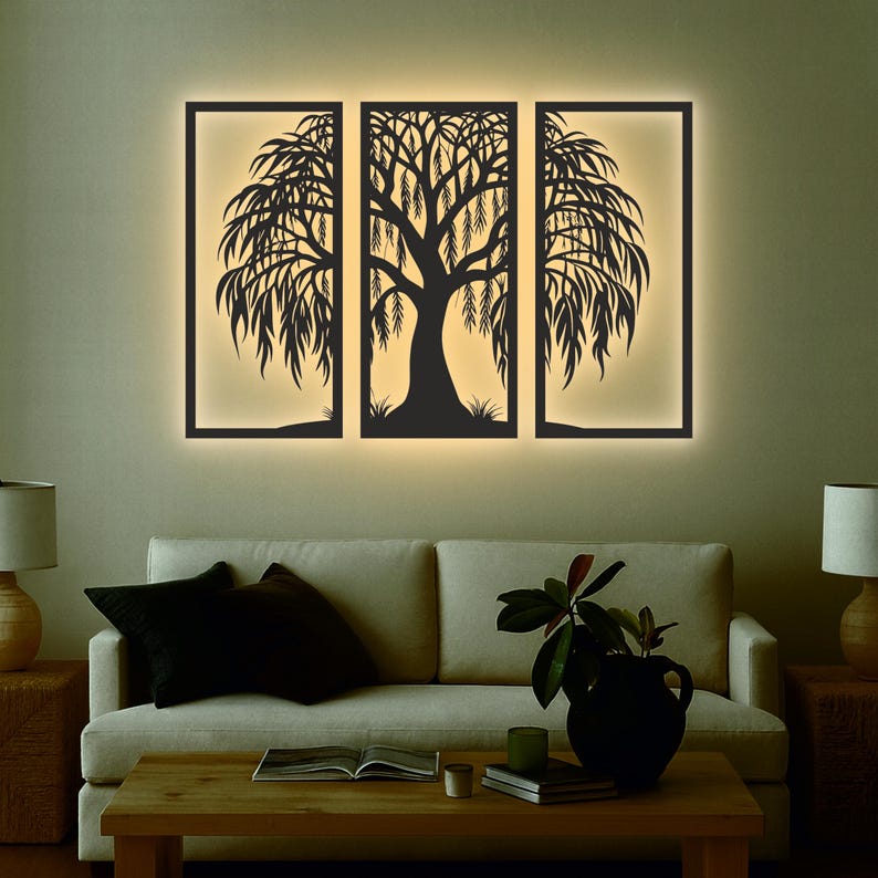 Willow Tree Triptych LED Metal Wall Sign - Modern Rustic Home Decor - Etsy