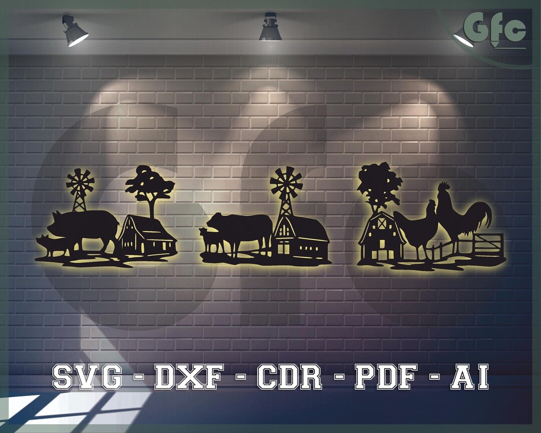 Farm Scene Svg Dxf Cdr Pdf Ai Bundle With Pig Cow Rooster Barn Windmill ...